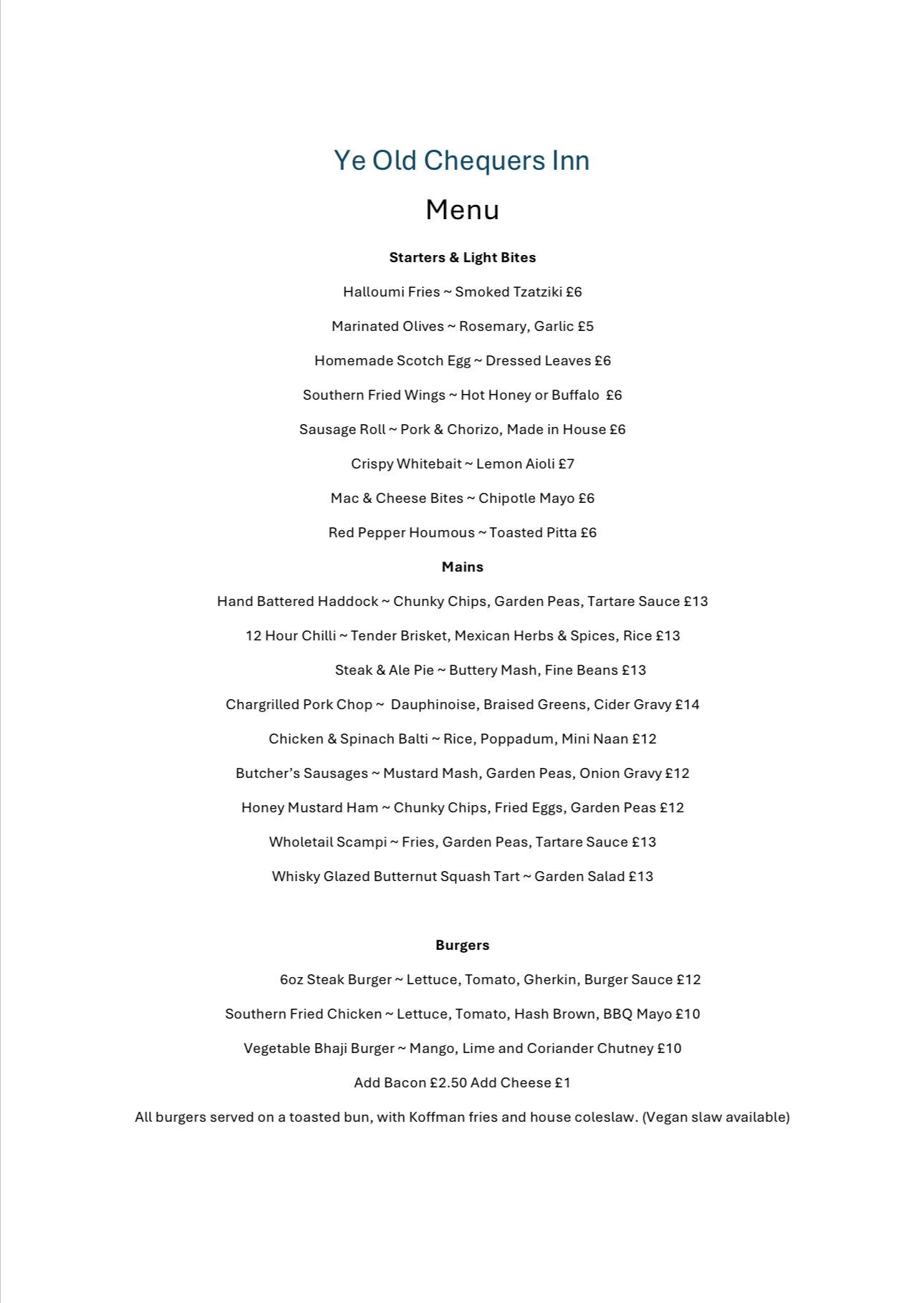 Food – Ye Olde Chequers Inn